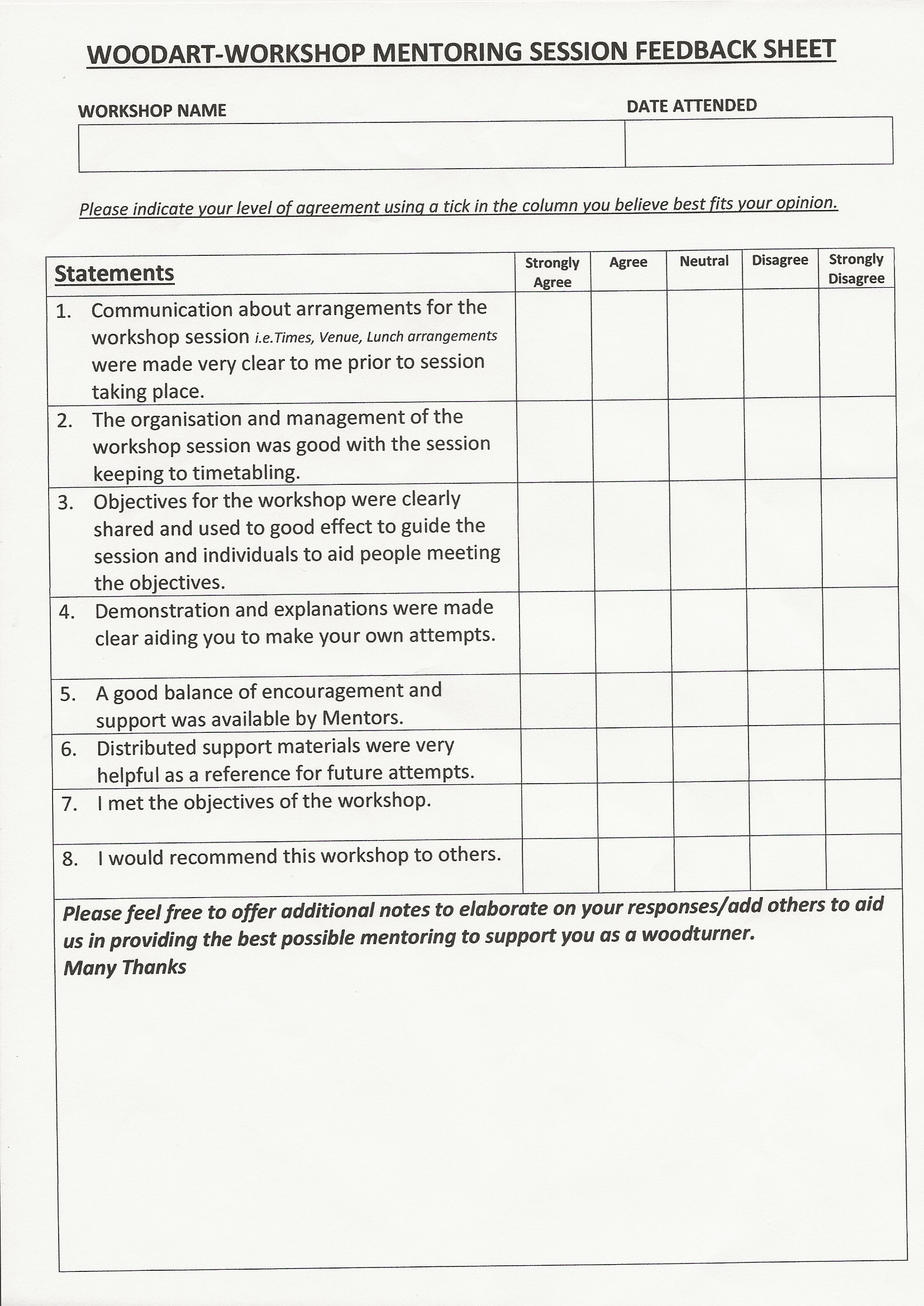 Mentoring Course Feedback Form - Woodart Workshops